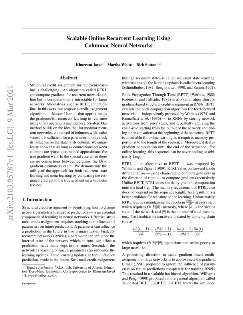 Scalable Online Recurrent Learning Using Columnar Neural Networks Deepai