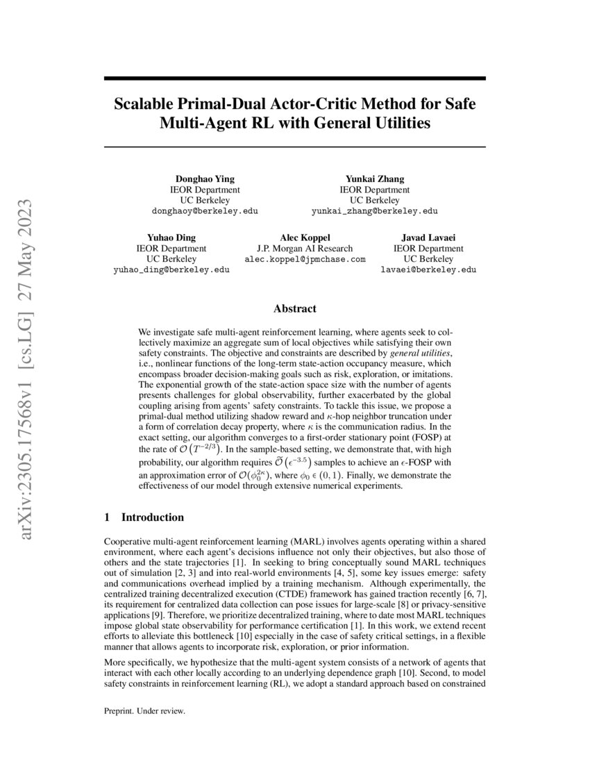 Scalable Primal Dual Actor Critic Method For Safe Multi Agent Rl With General Utilities Deepai