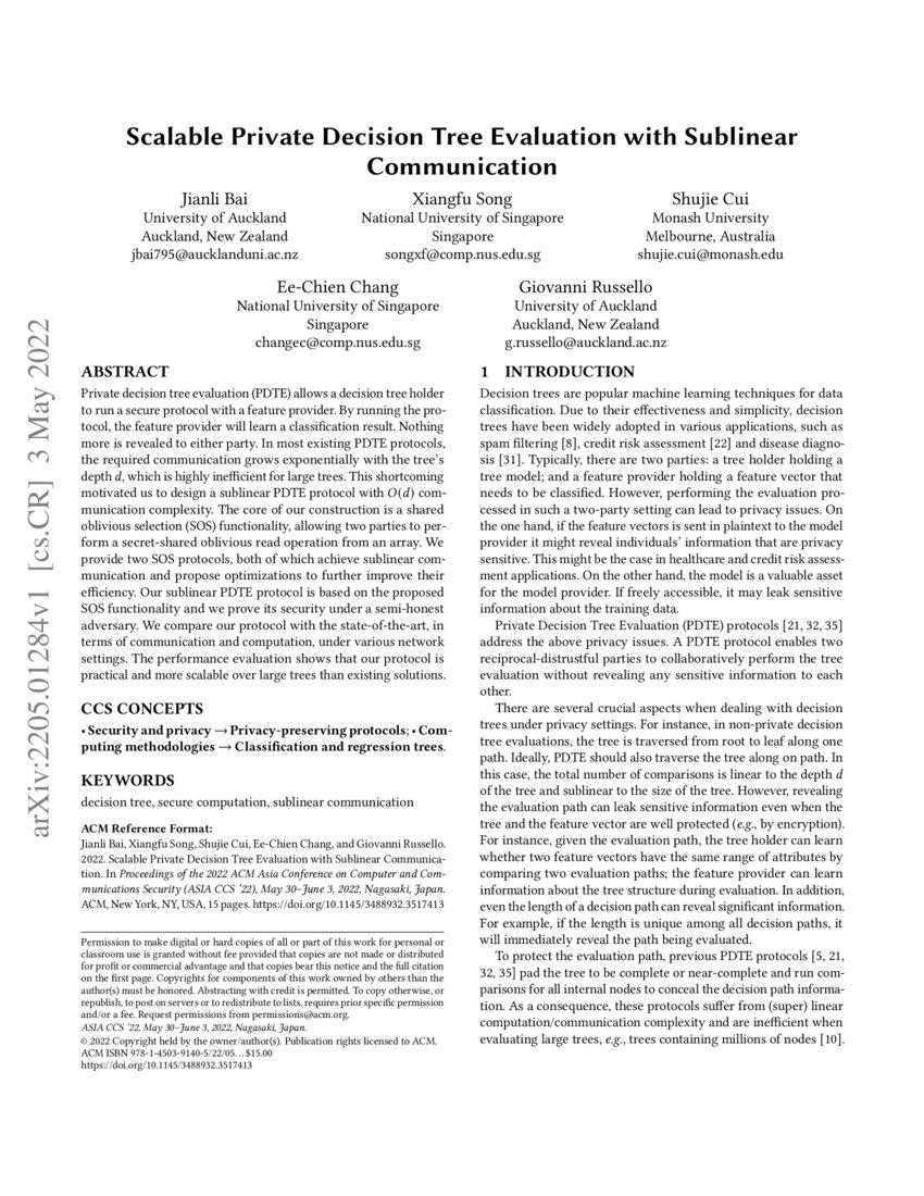 Scalable Private Decision Tree Evaluation with Sublinear Communication | DeepAI