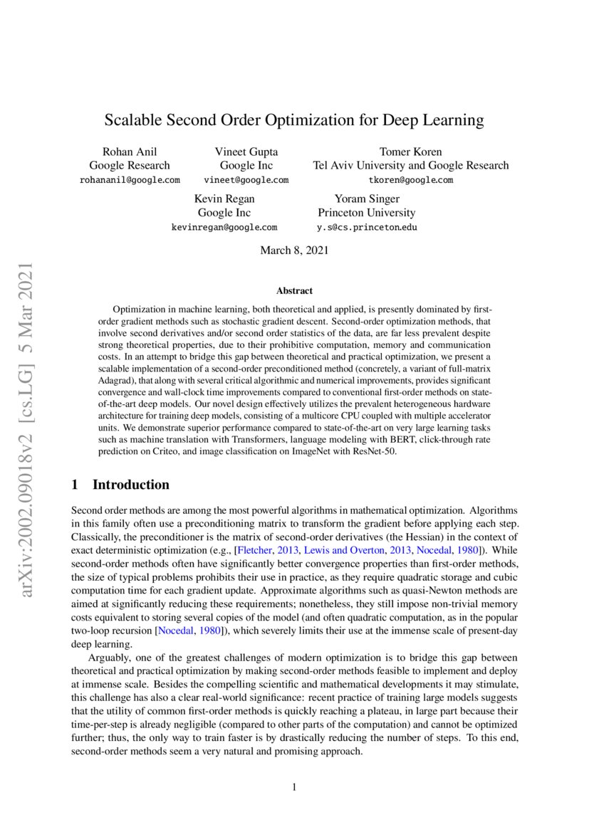 Scalable Second Order Optimization For Deep Learning Deepai