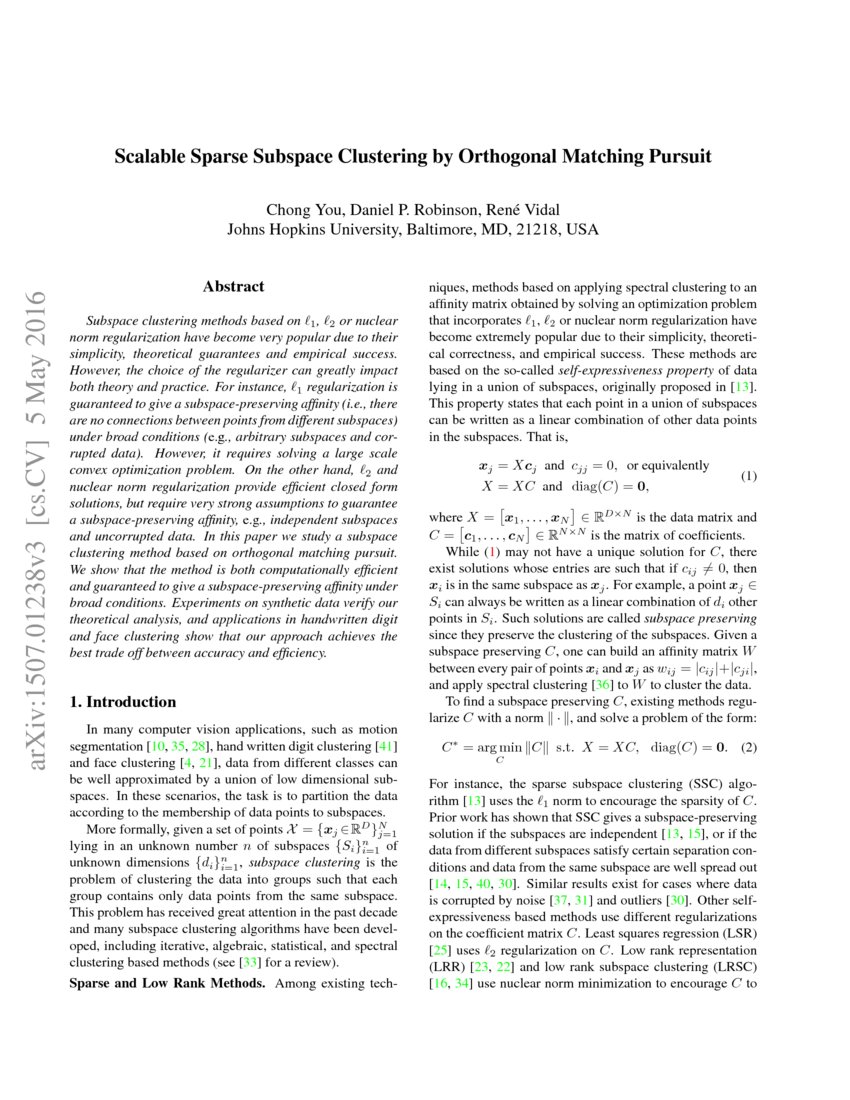 Scalable Sparse Subspace Clustering By Orthogonal Matching Pursuit Deepai 