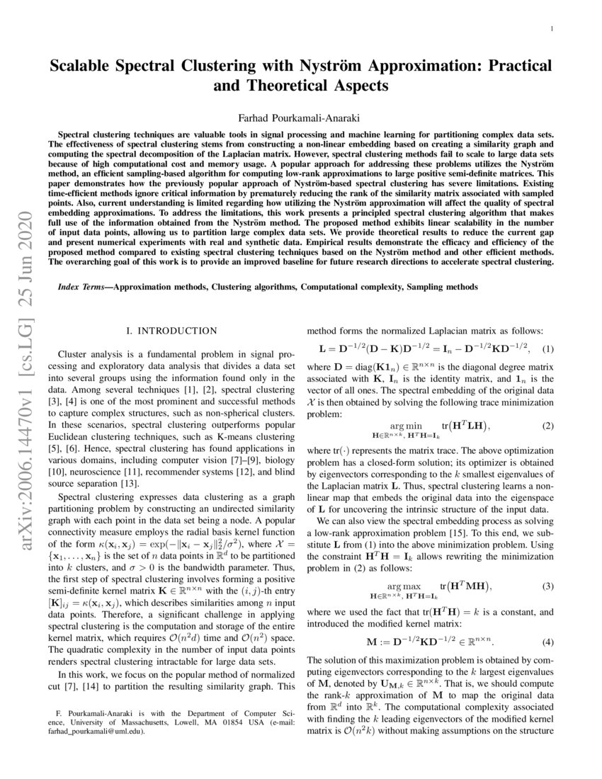 Scalable Spectral Clustering With Nystrom Approximation Practical And Theoretical Aspects Deepai