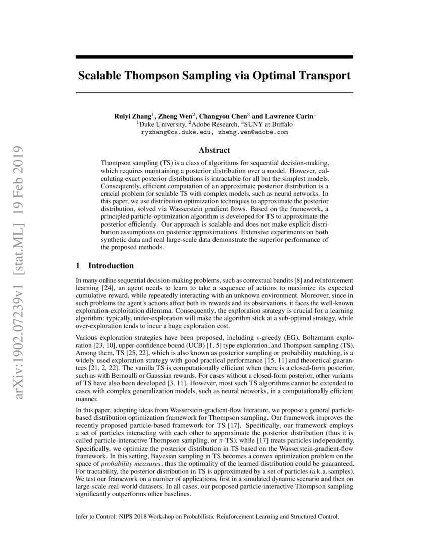Scalable Thompson Sampling via Optimal Transport | DeepAI