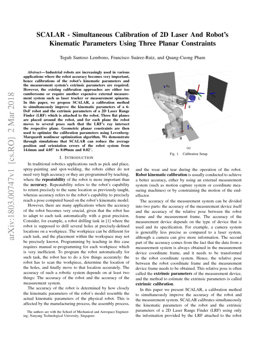 SCALAR - Simultaneous Calibration of 2D Laser and Robot's Kinematic Parameters Using Three ...