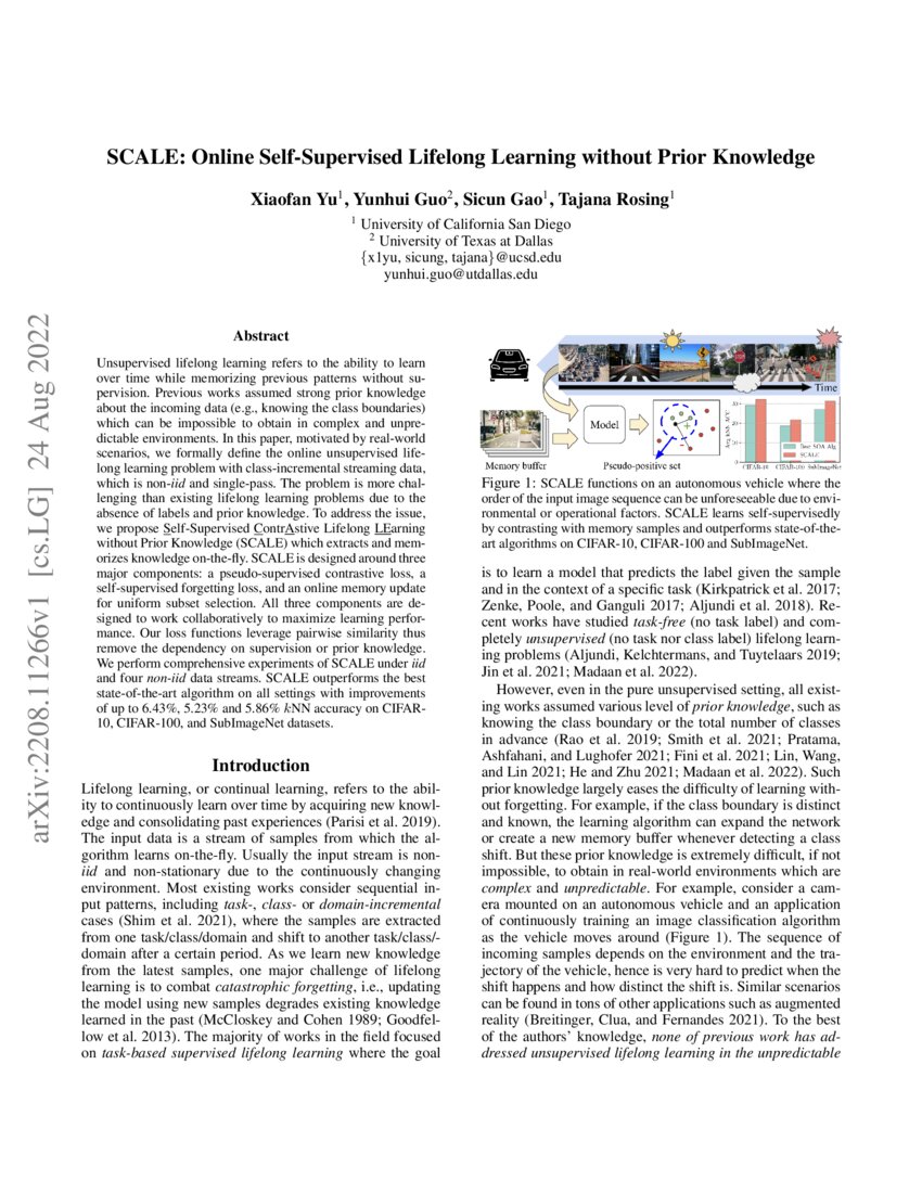 SCALE: Online Self-Supervised Lifelong Learning without Prior Knowledge | DeepAI