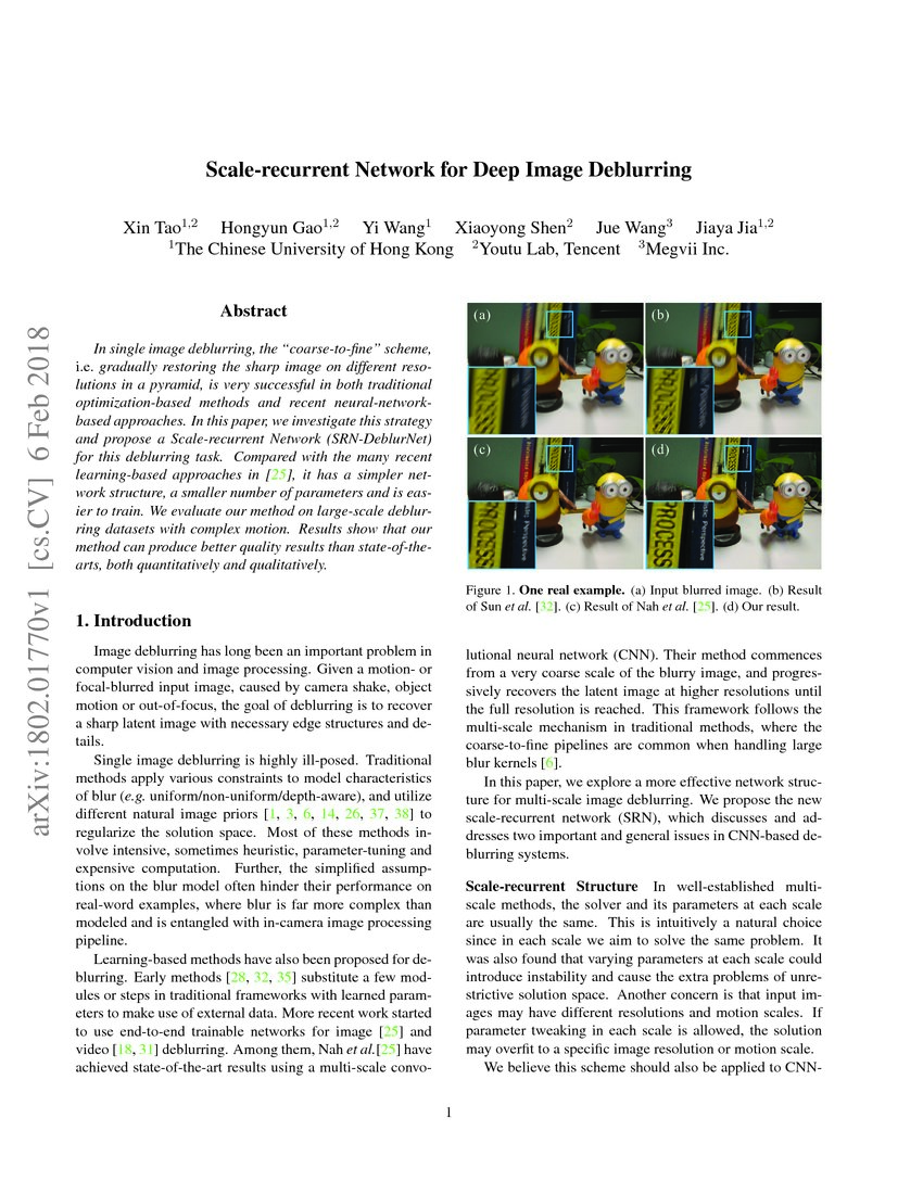 Scale-recurrent Network for Deep Image Deblurring | DeepAI