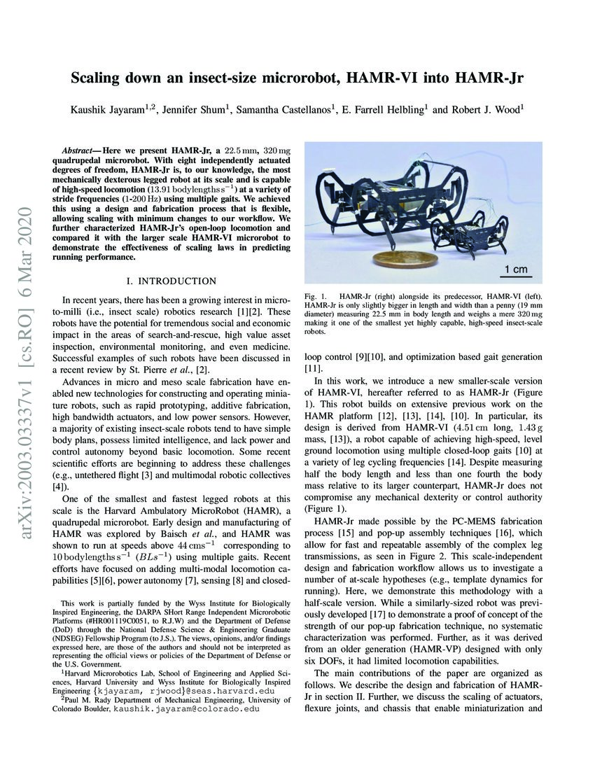 Scaling down an insect-size microrobot, HAMR-VI into HAMR-Jr | DeepAI