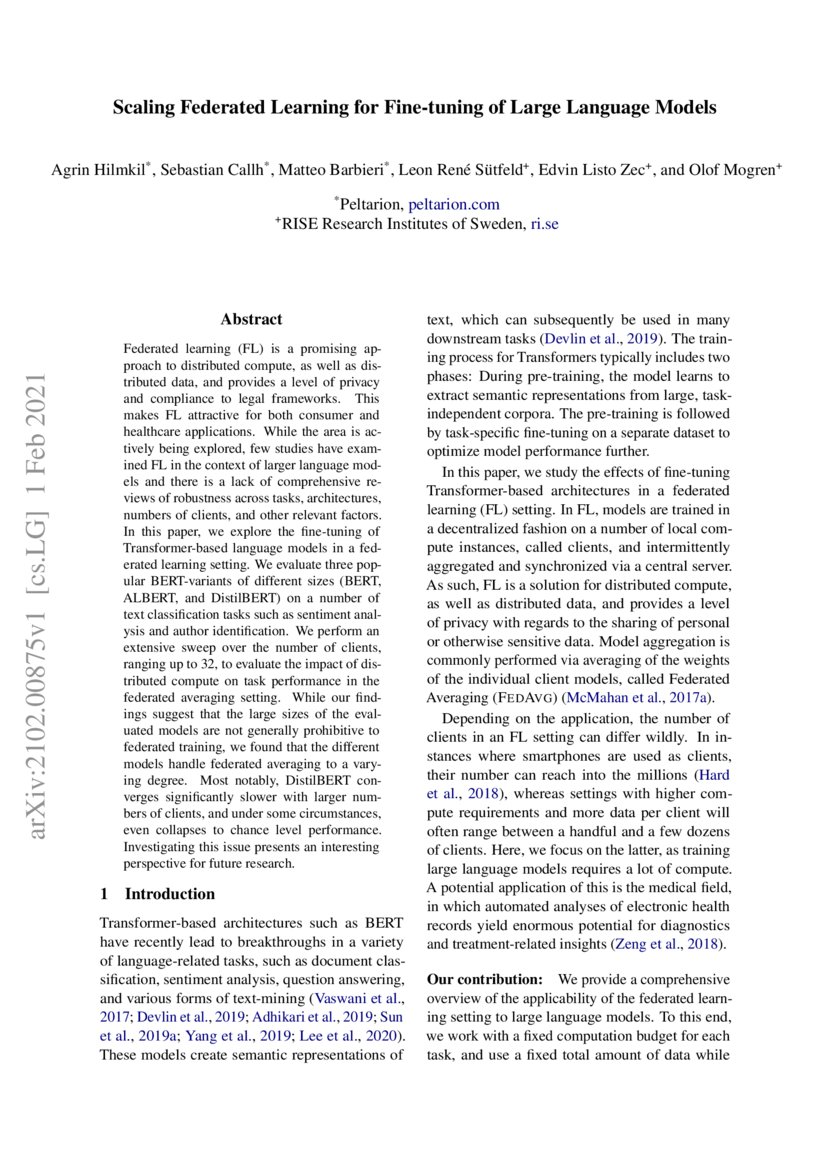 Scaling Federated Learning for Fine-tuning of Large Language Models | DeepAI