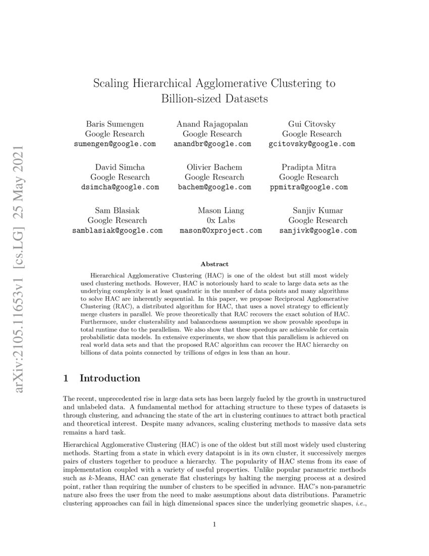 Scaling Hierarchical Agglomerative Clustering To Billion Sized Datasets Deepai 