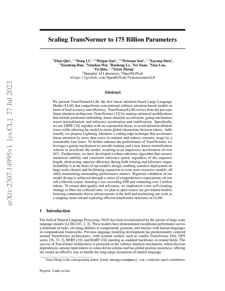 Scaling TransNormer to 175 Billion Parameters | DeepAI