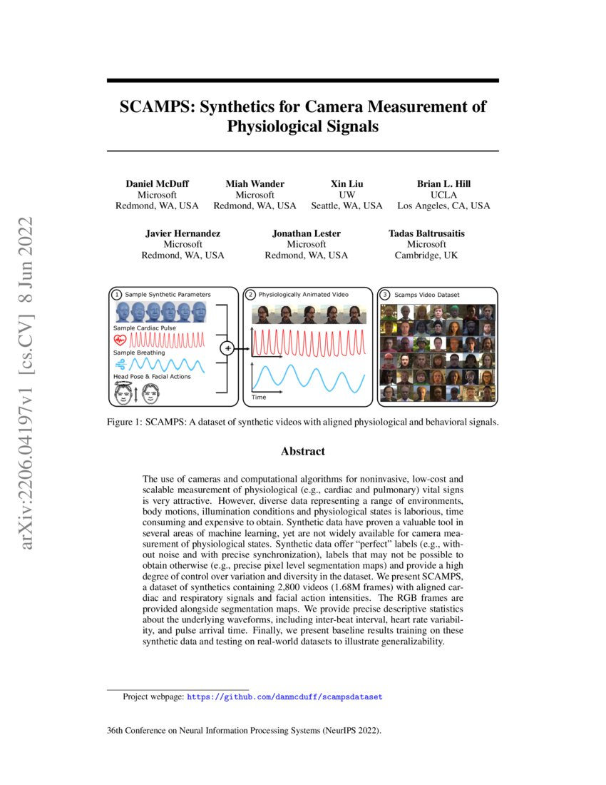 SCAMPS: Synthetics for Camera Measurement of Physiological Signals | DeepAI