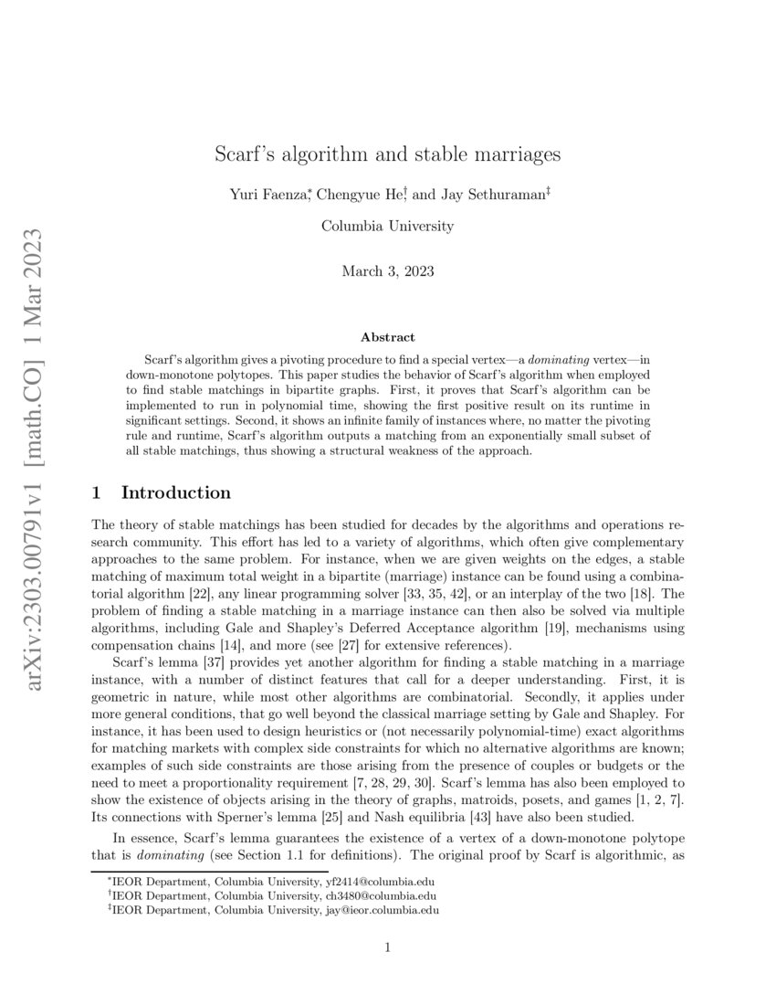 Scarf's algorithm and stable marriages | DeepAI