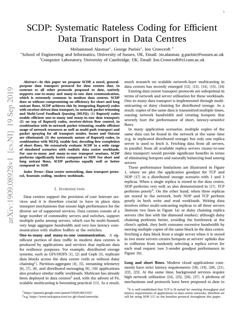 SCDP: Systematic Rateless Coding for Efficient Data Transport in Data Centres | DeepAI