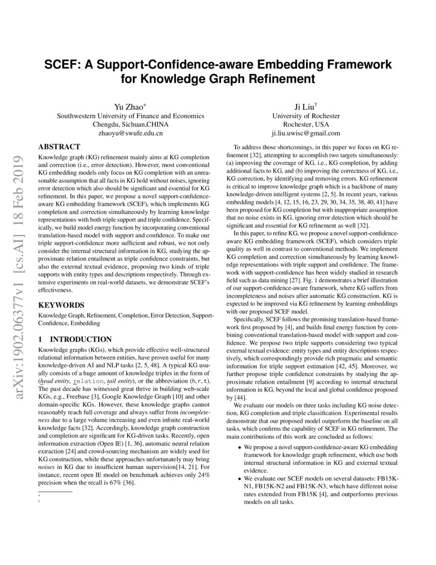 SCEF: A Support-Confidence-aware Embedding Framework for Knowledge Graph Refinement | DeepAI