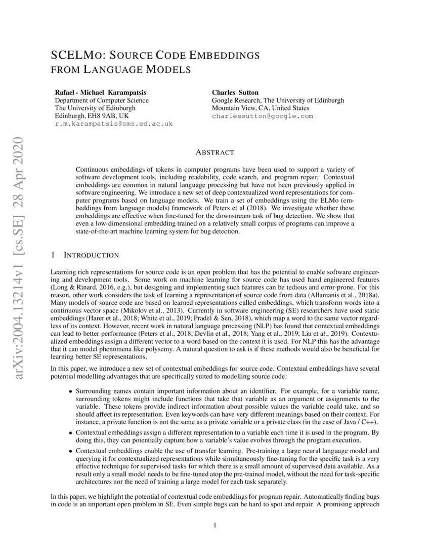 SCELMo: Source Code Embeddings from Language Models | DeepAI
