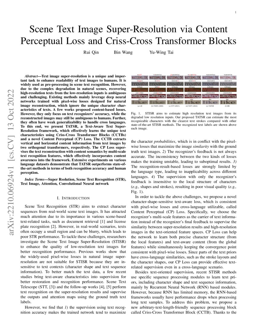 Scene Text Image Super-Resolution via Content Perceptual Loss and Criss-Cross Transformer Blocks ...