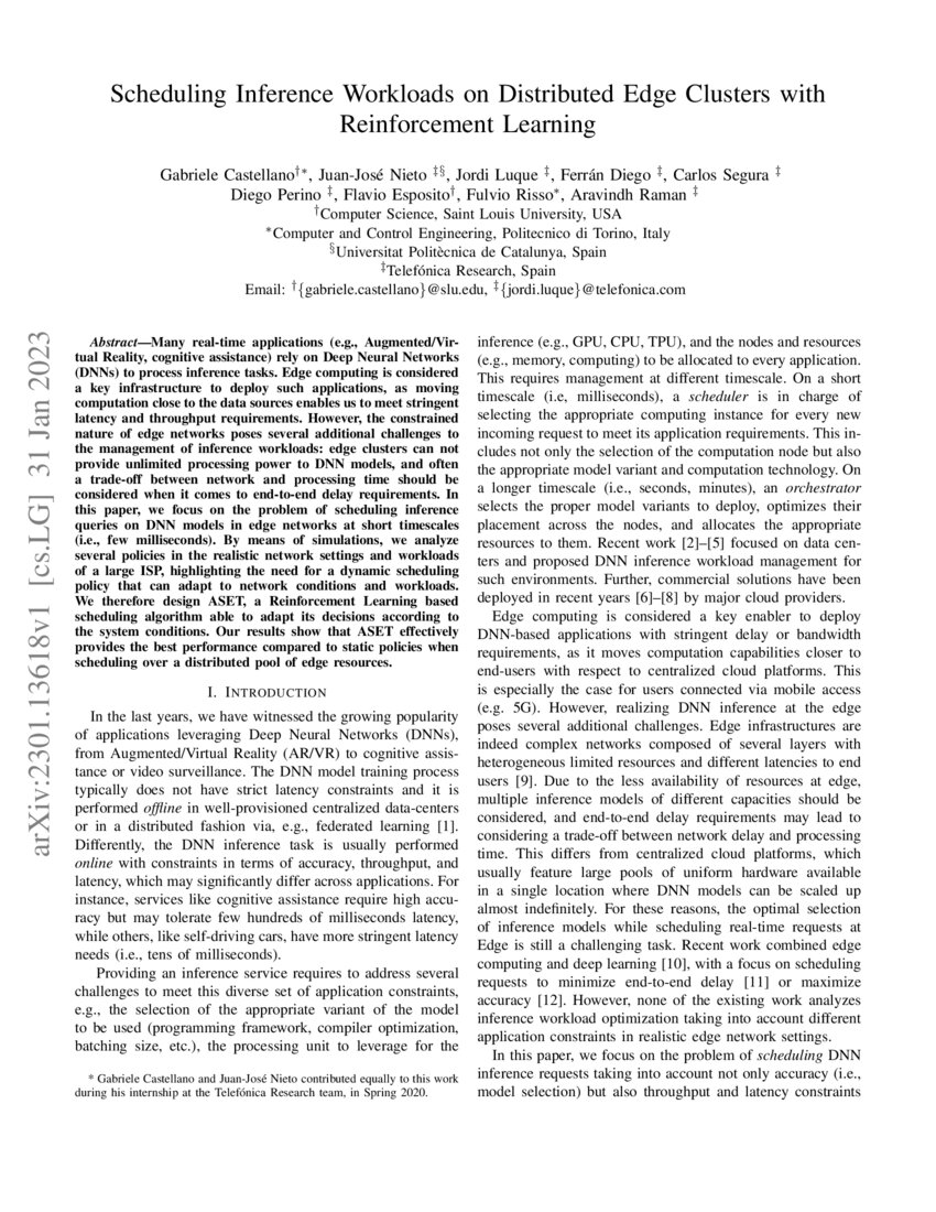 Scheduling Inference Workloads On Distributed Edge Clusters With Reinforcement Learning Deepai