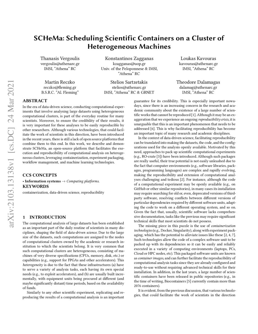SCHeMa: Scheduling Scientific Containers on a Cluster of Heterogeneous Machines | DeepAI