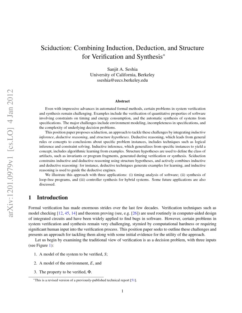 Sciduction: Combining Induction, Deduction, and Structure for Verification and Synthesis | DeepAI