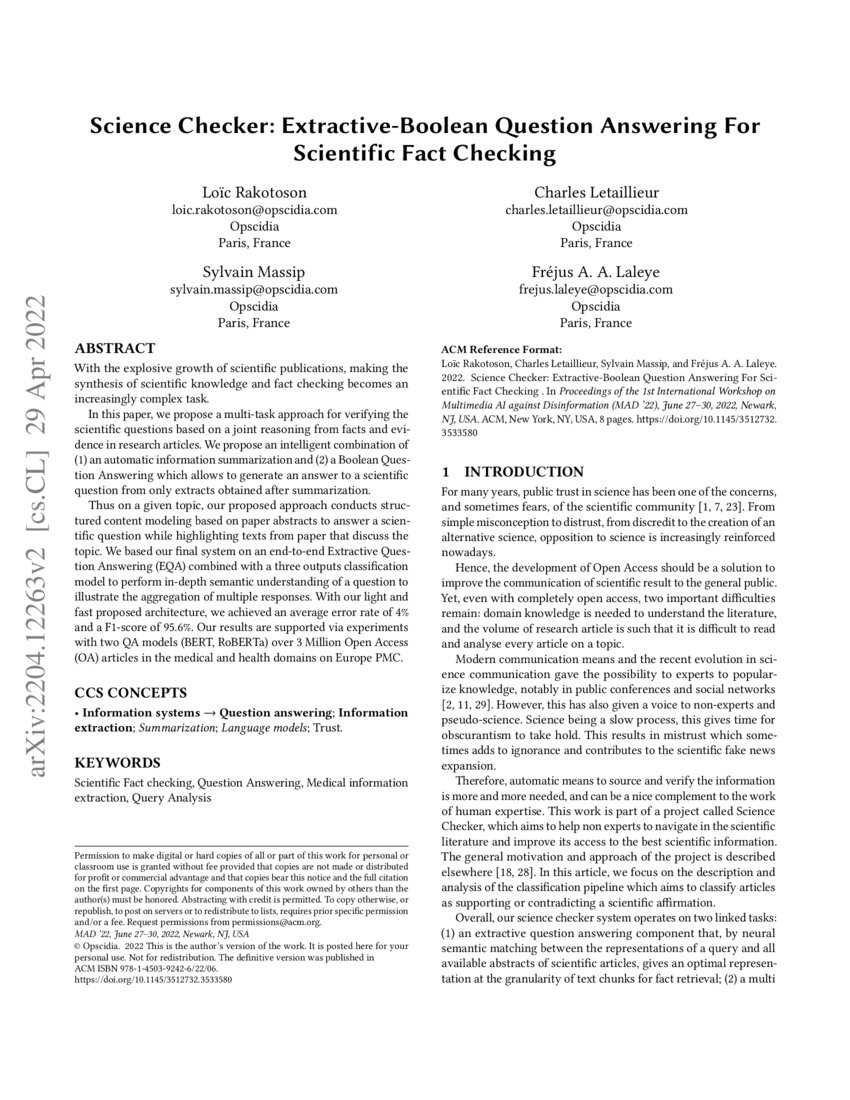 Science Checker: Extractive-Boolean Question Answering For Scientific ...