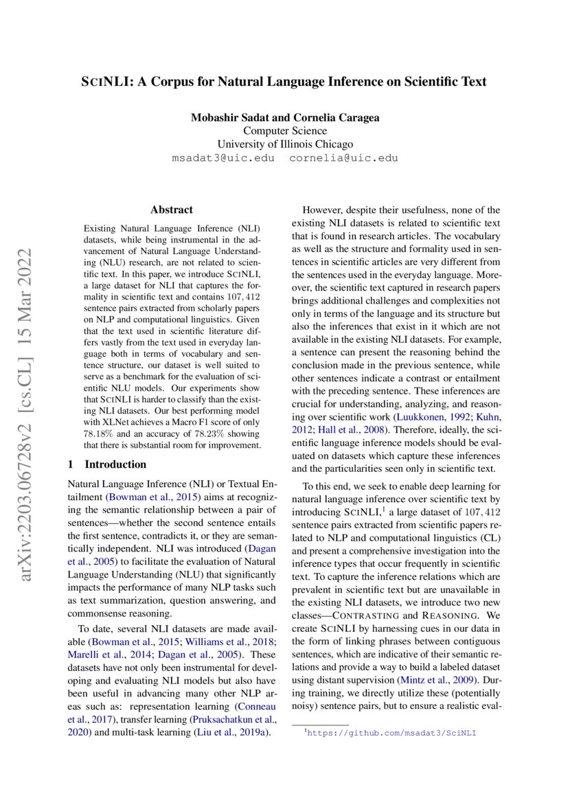 SciNLI: A Corpus for Natural Language Inference on Scientific Text | DeepAI