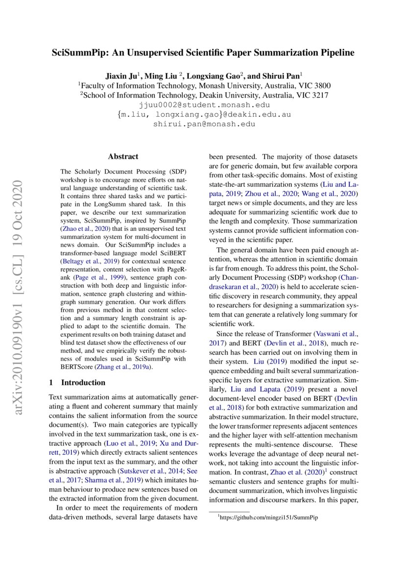 Scisummpip An Unsupervised Scientific Paper Summarization Pipeline Deepai