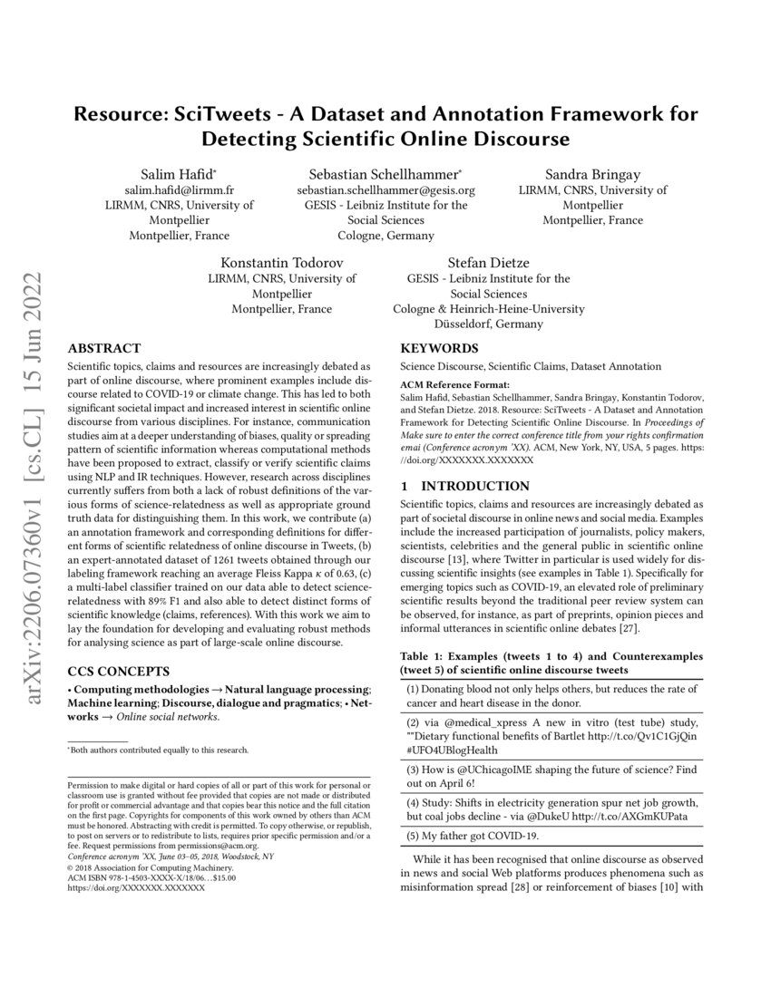 Scitweets A Dataset And Annotation Framework For Detecting Scientific Online Discourse Deepai