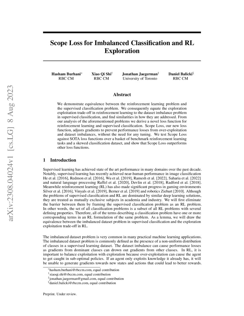 Scope Loss for Imbalanced Classification and RL Exploration | DeepAI