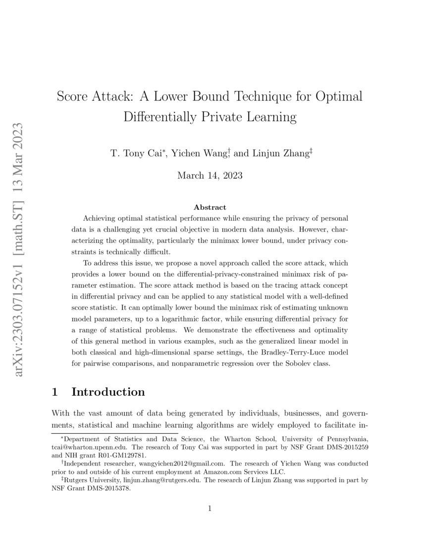 Score Attack: A Lower Bound Technique for Optimal Differentially Private Learning | DeepAI