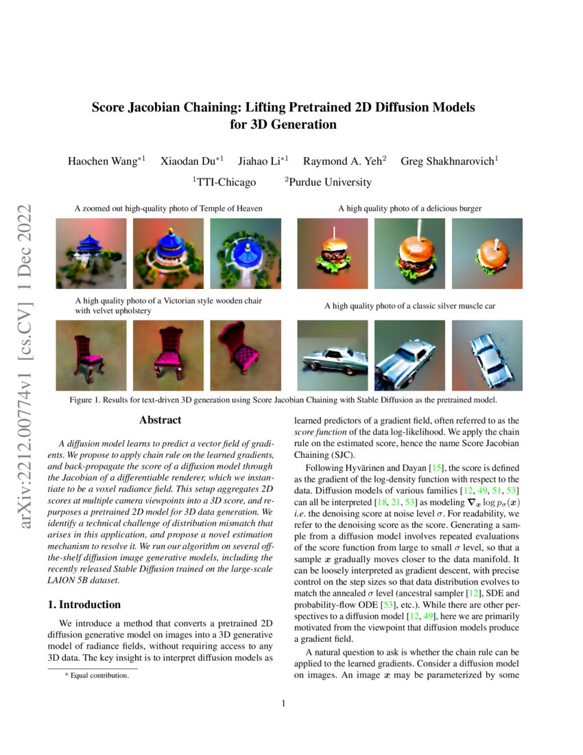 Score Jacobian Chaining: Lifting Pretrained 2D Diffusion Models for 3D Generation | DeepAI