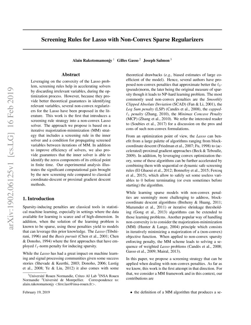 Screening Rules for Lasso with Non-Convex Sparse Regularizers | DeepAI