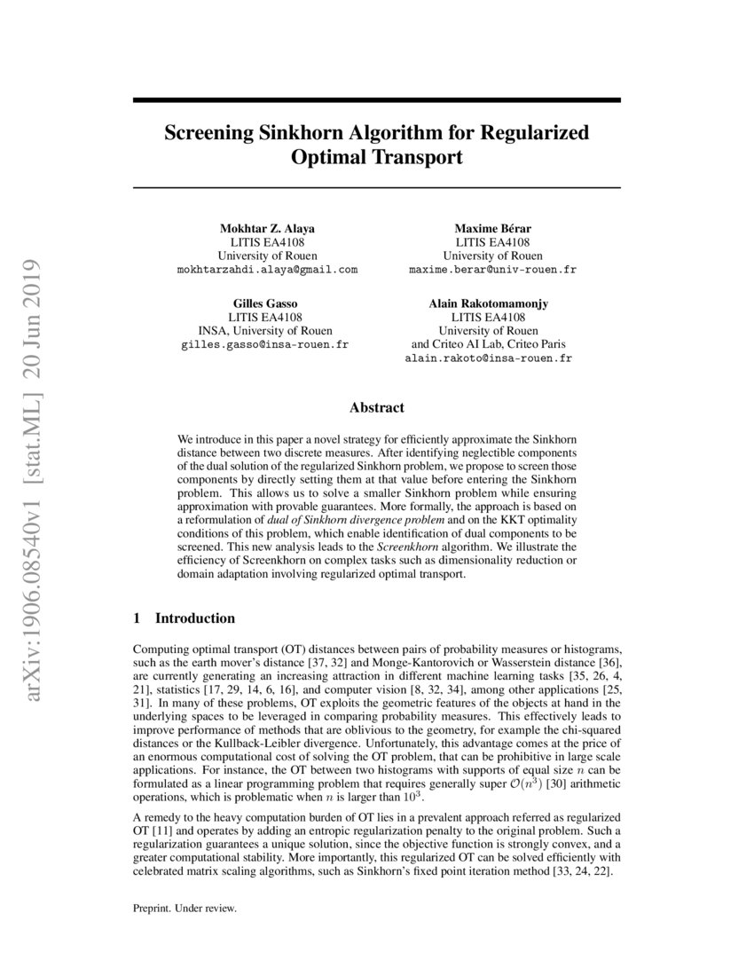 Screening Sinkhorn Algorithm for Regularized Optimal Transport | DeepAI Screening Sinkhorn Algorithm for Regularized Optimal Transport | DeepAI