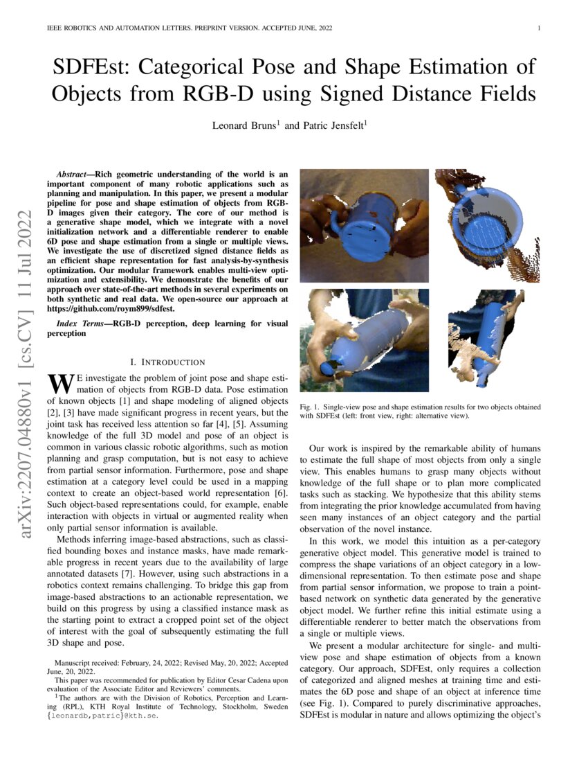 Sdfest Categorical Pose And Shape Estimation Of Objects From Rgb D Using Signed Distance Fields