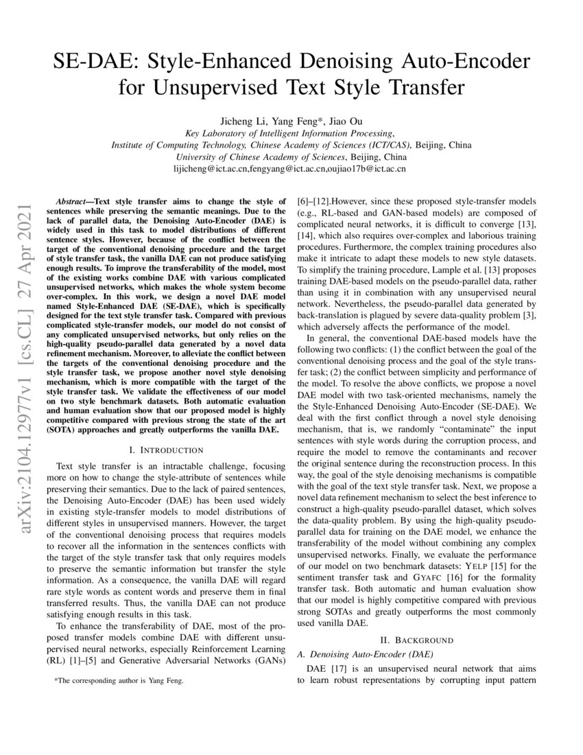 SE-DAE: Style-Enhanced Denoising Auto-Encoder for Unsupervised Text Style Transfer | DeepAI