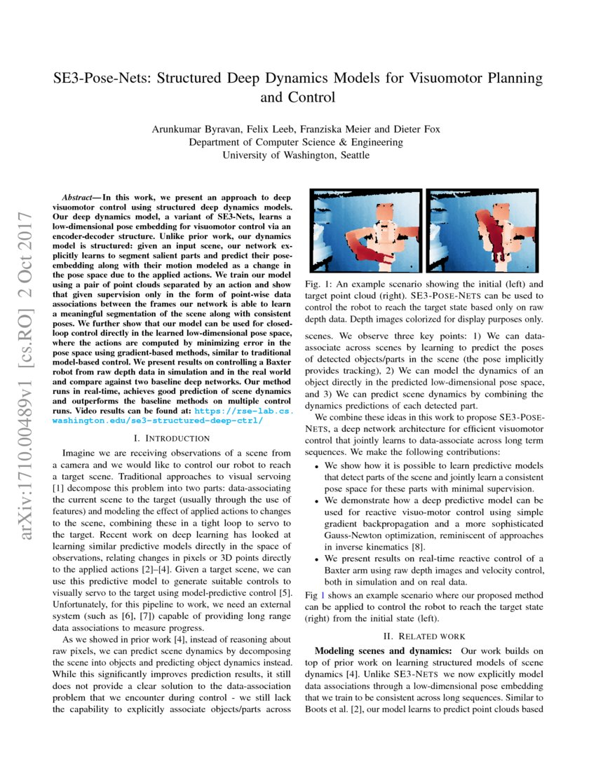 SE3-Pose-Nets: Structured Deep Dynamics Models for Visuomotor Planning and Control | DeepAI