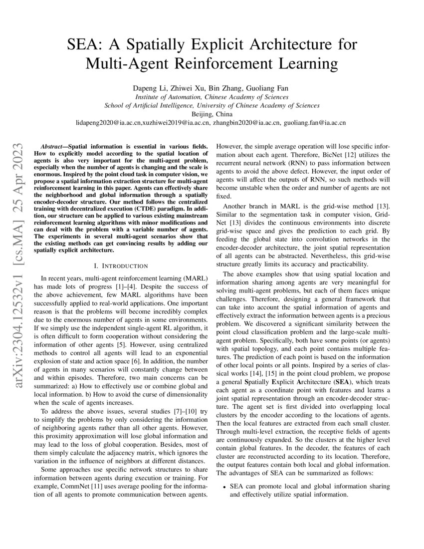 SEA: A Spatially Explicit Architecture for Multi-Agent Reinforcement Learning | DeepAI
