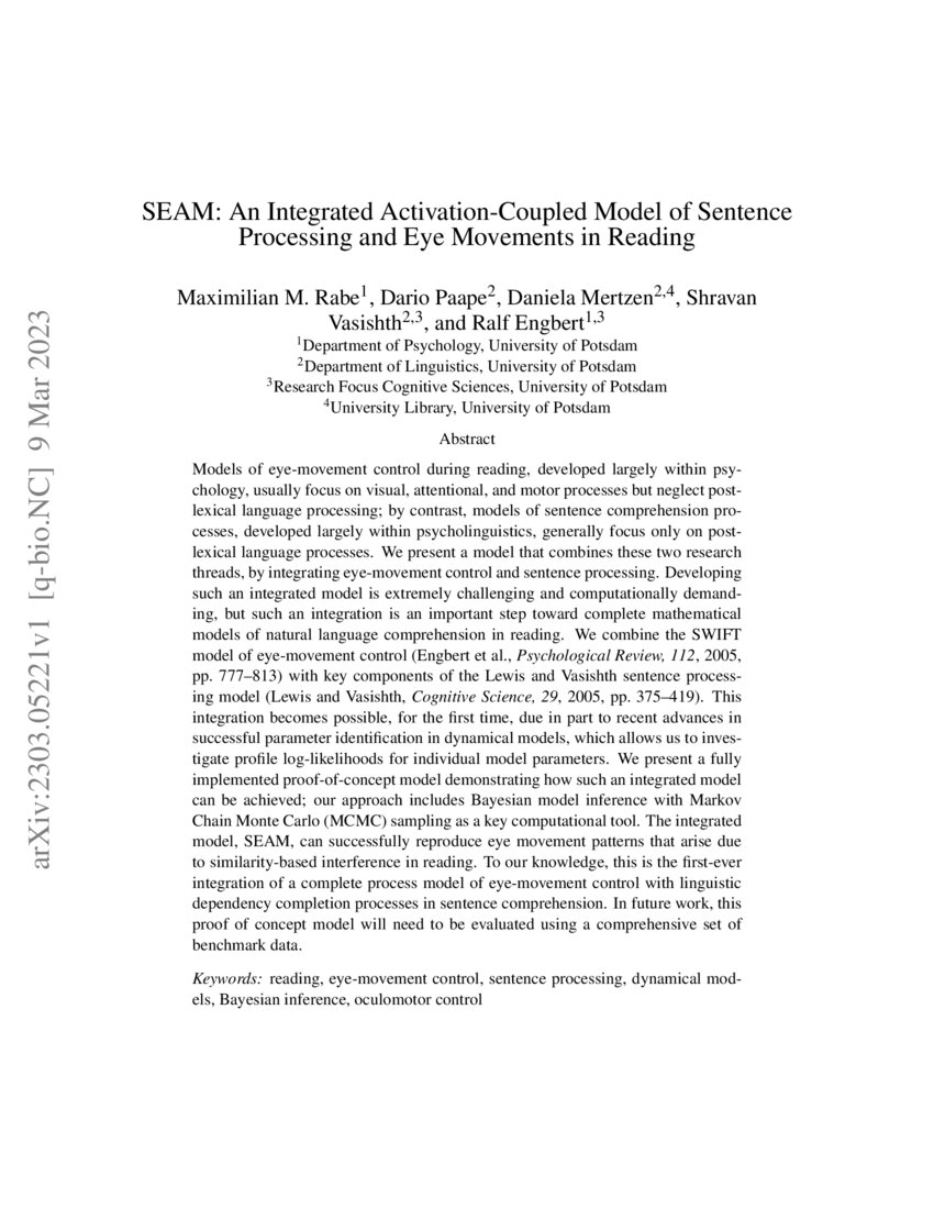 Seam An Integrated Activation Coupled Model Of Sentence Processing And Eye Movements In Reading