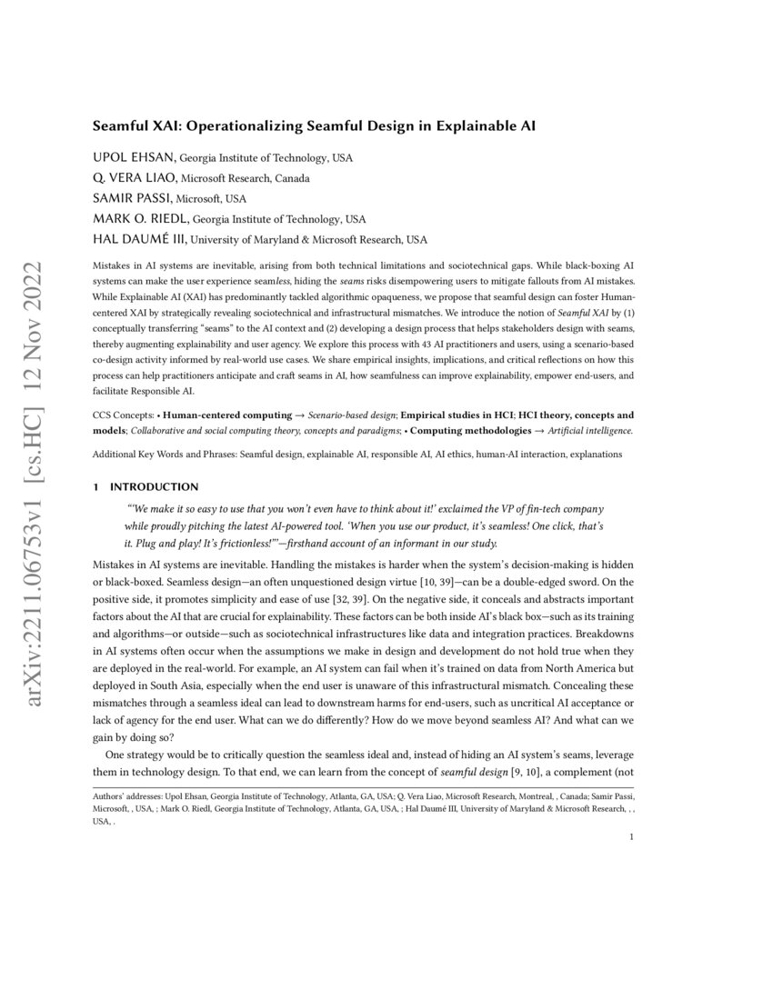 Seamful XAI: Operationalizing Seamful Design in Explainable AI | DeepAI