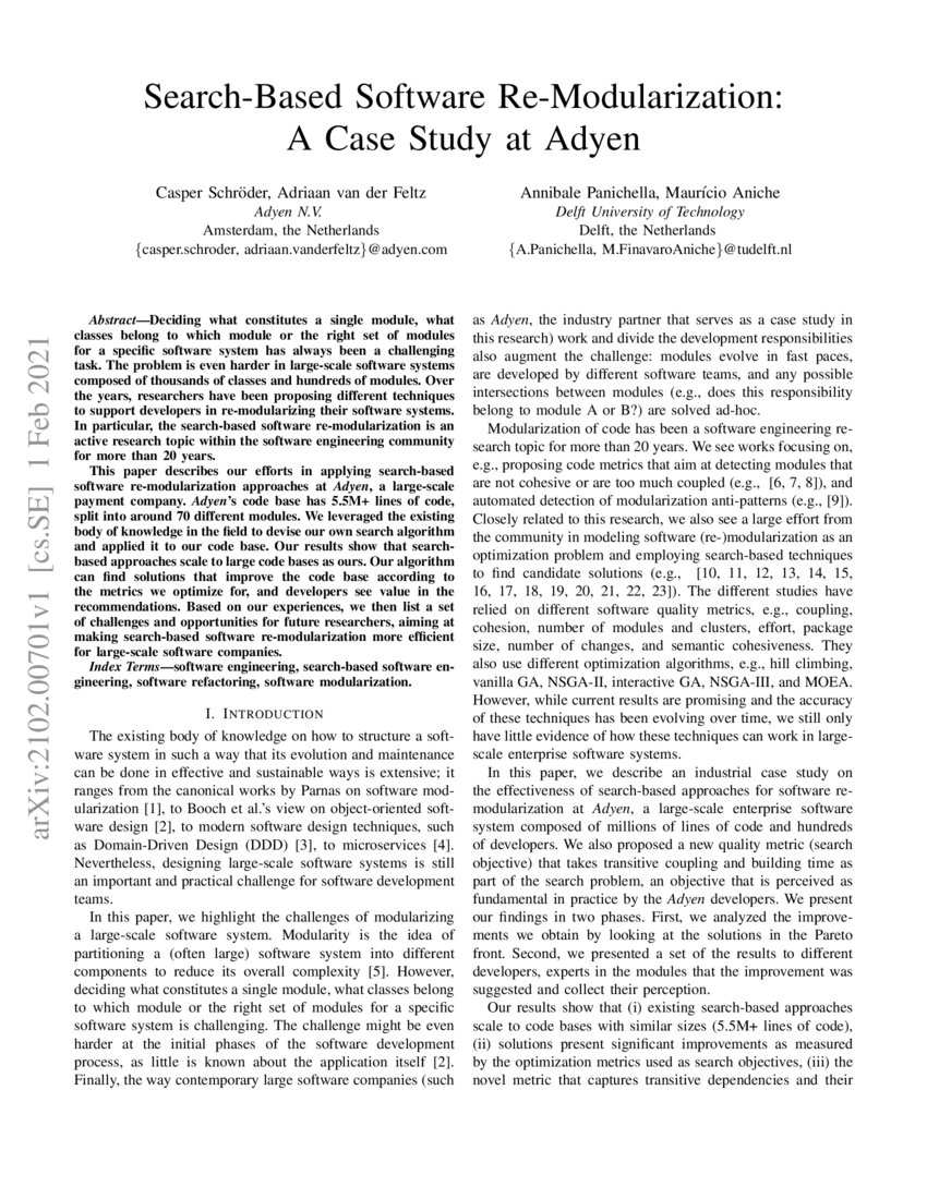 Search-Based Software Re-Modularization: A Case Study at Adyen | DeepAI