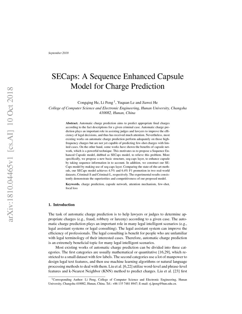 SECaps: A Sequence Enhanced Capsule Model for Charge Prediction | DeepAI