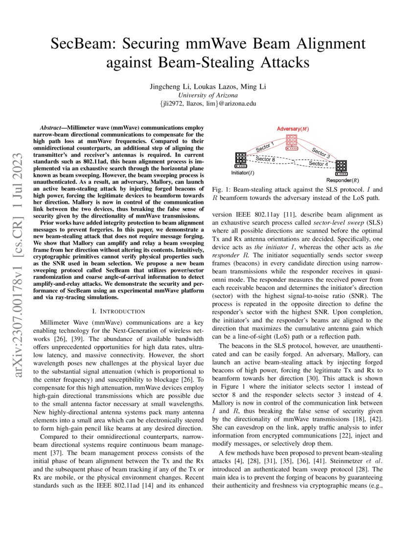 SecBeam: Securing mmWave Beam Alignment against Beam-Stealing Attacks | DeepAI
