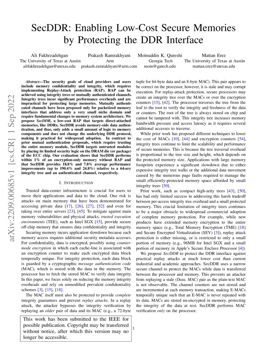 Secddr Enabling Low Cost Secure Memories By Protecting The Ddr Interface Deepai