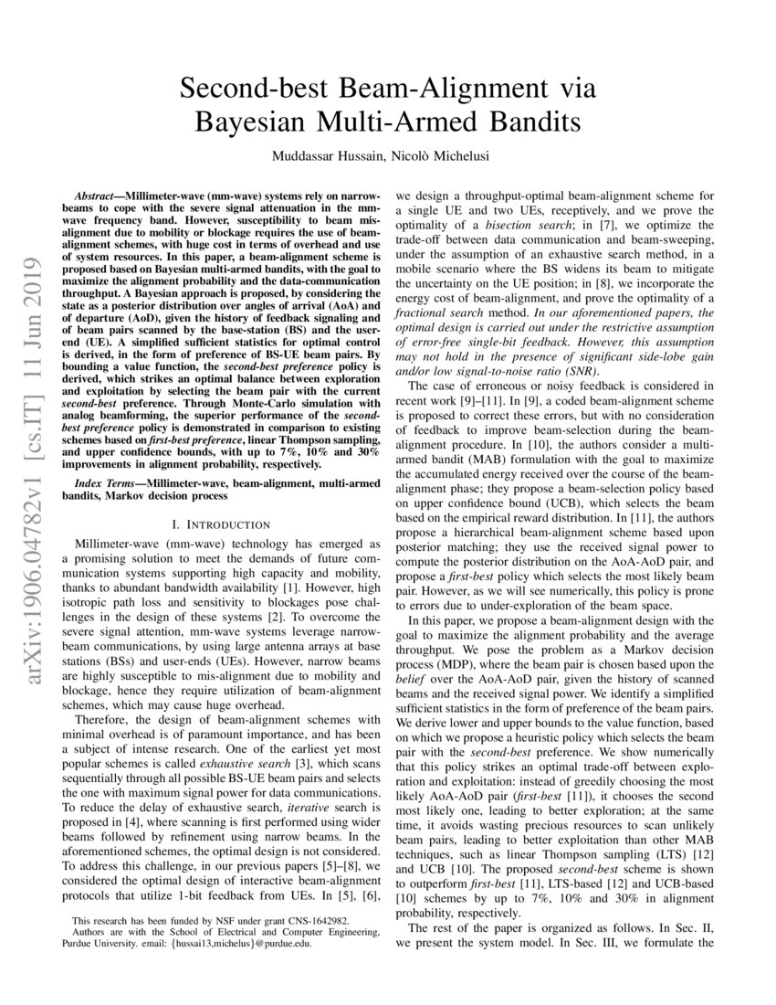 Second-best Beam-Alignment via Bayesian Multi-Armed Bandits | DeepAI