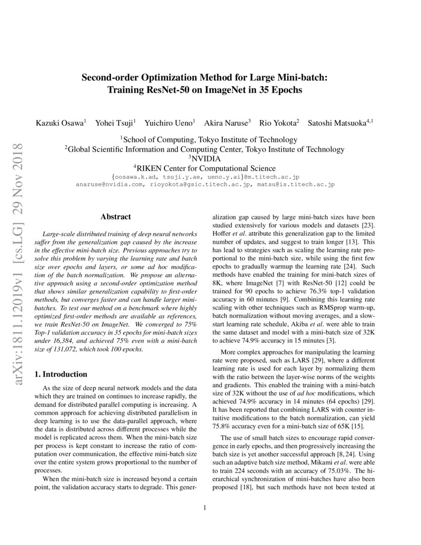 Second-order Optimization Method for Large Mini-batch: Training ResNet-50 on ImageNet in 35 ...