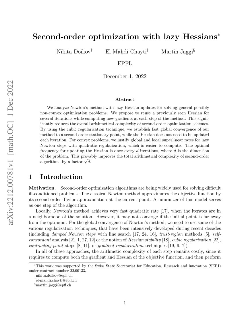 Second-order optimization with lazy Hessians | DeepAI