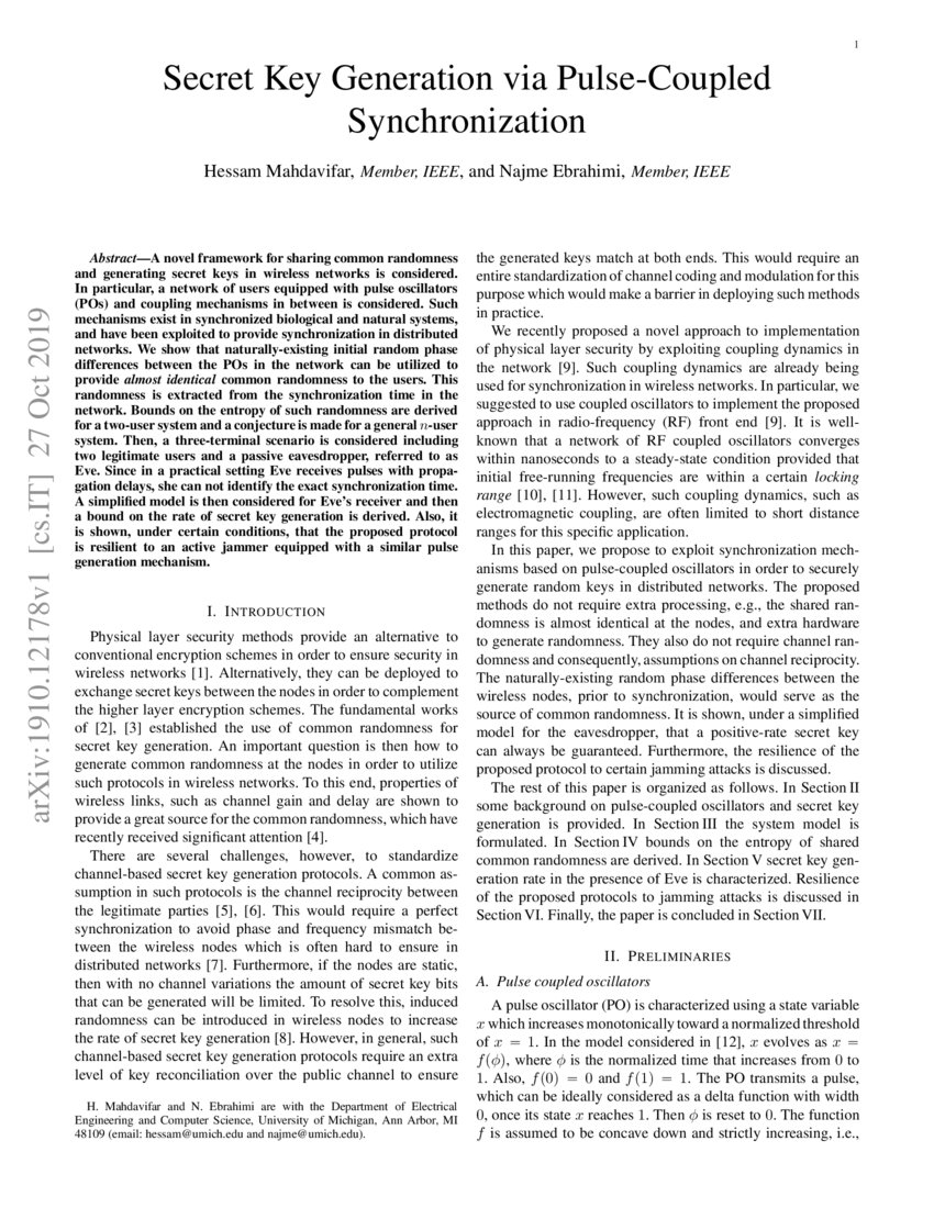 Secret Key Generation via Pulse-Coupled Synchronization | DeepAI
