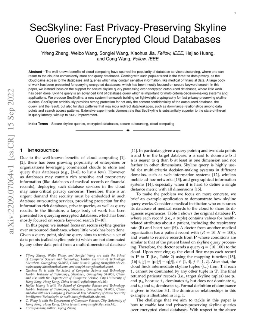 Secskyline Fast Privacy Preserving Skyline Queries Over Encrypted Cloud Databases Deepai