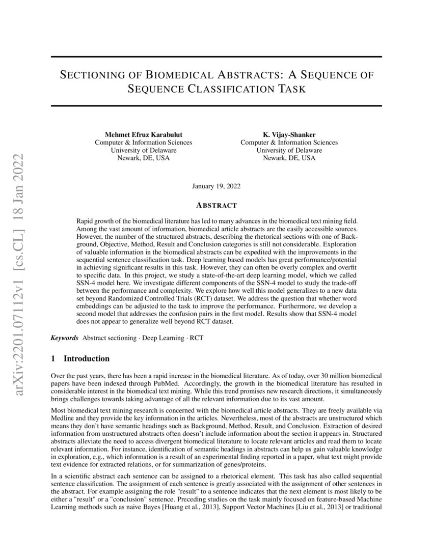 Sectioning of Biomedical Abstracts: A Sequence of Sequence Classification Task | DeepAI