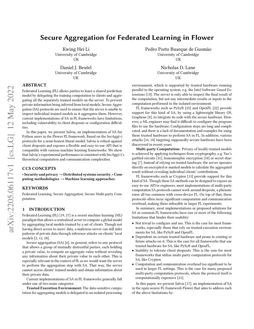 Secure Aggregation for Federated Learning in Flower | DeepAI