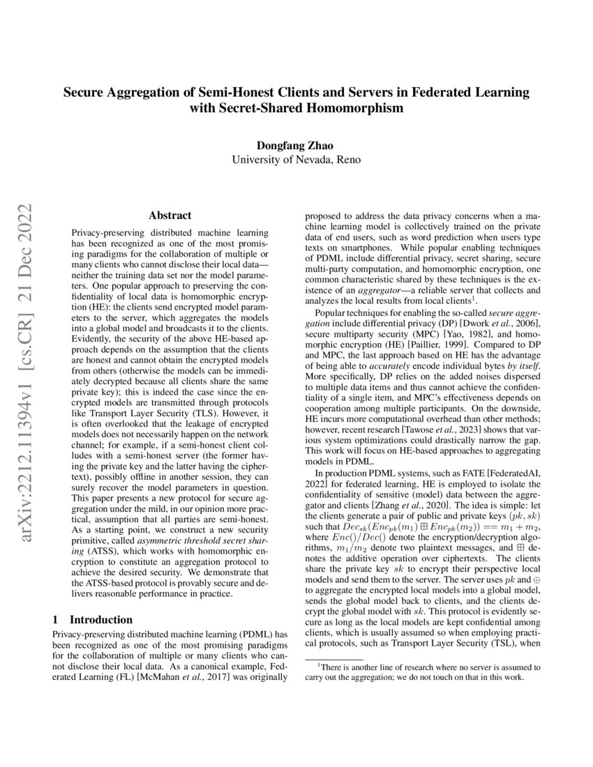 Secure Aggregation of Semi-Honest Clients and Servers in Federated Learning with Secret-Shared ...